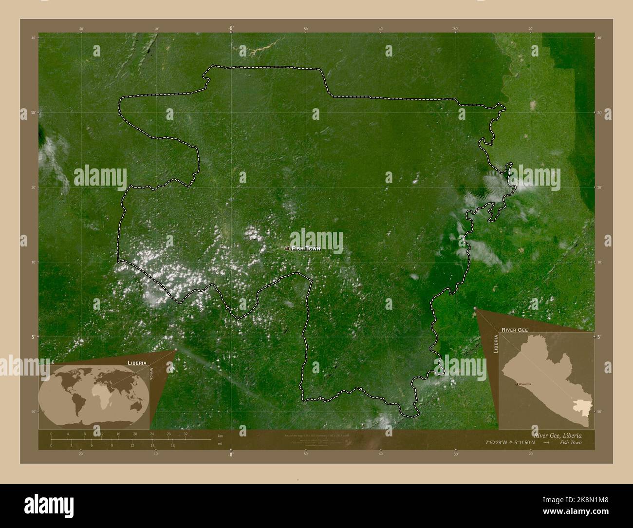 River Gee, county of Liberia. Low resolution satellite map. Locations ...