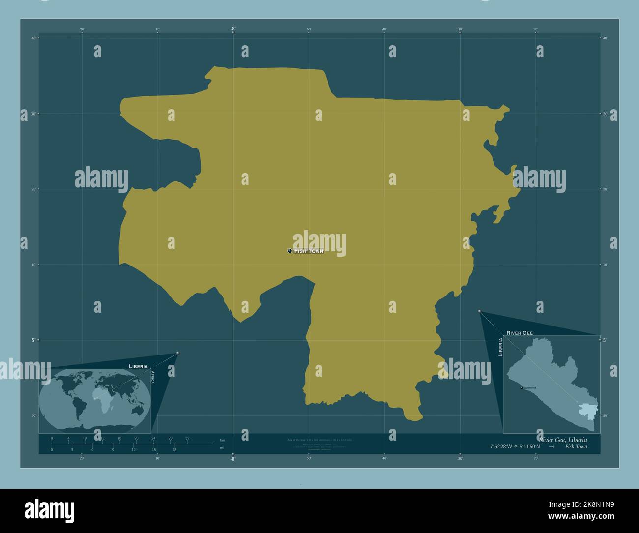 River Gee, county of Liberia. Solid color shape. Locations and names of ...