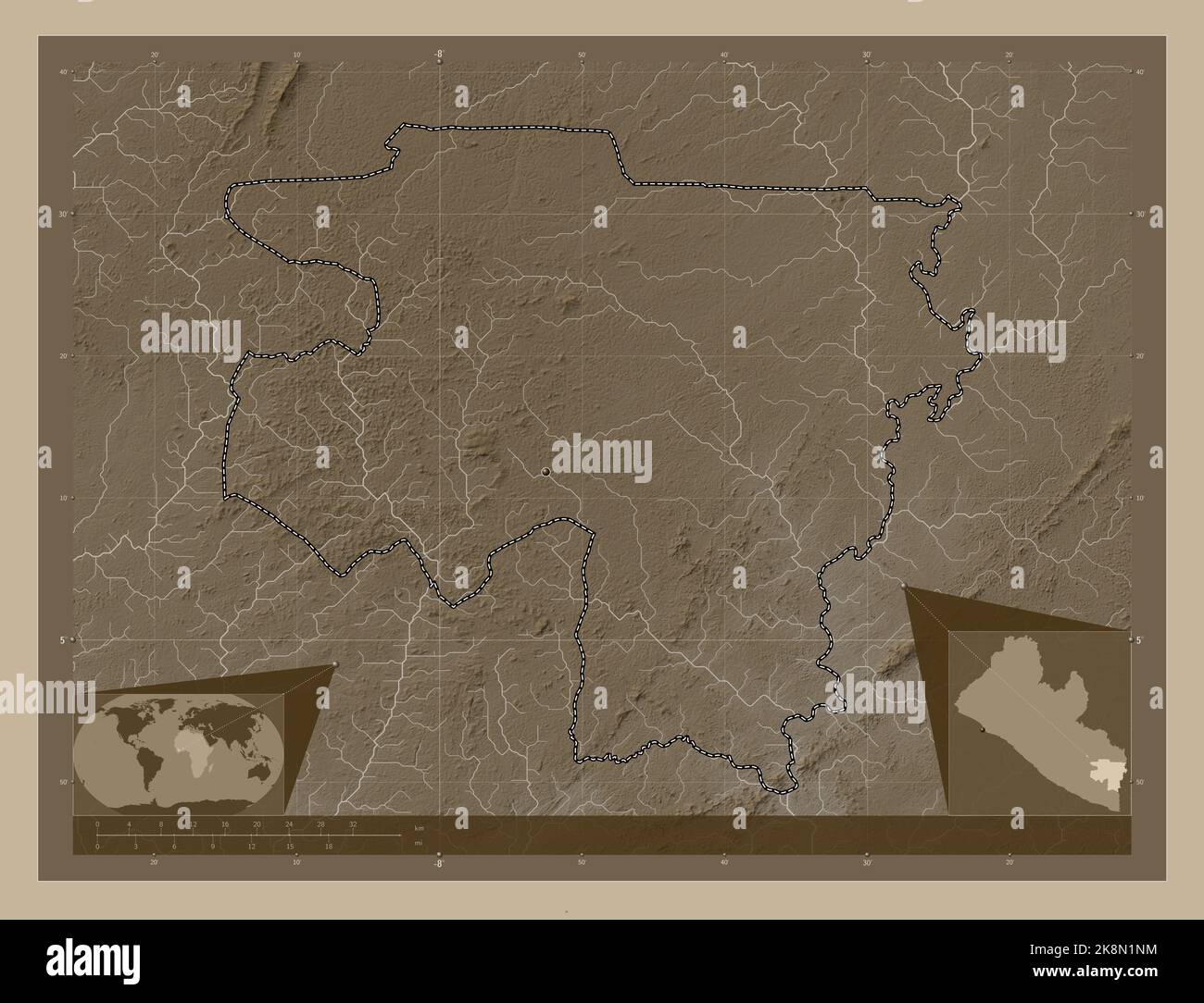 River Gee, county of Liberia. Elevation map colored in sepia tones with ...