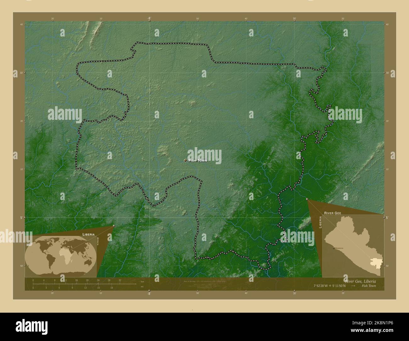 River Gee, county of Liberia. Colored elevation map with lakes and ...