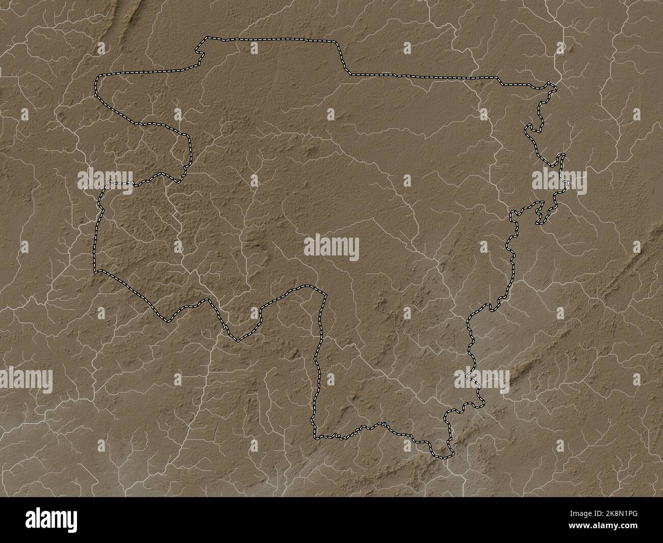 River Gee, county of Liberia. Elevation map colored in sepia tones with ...