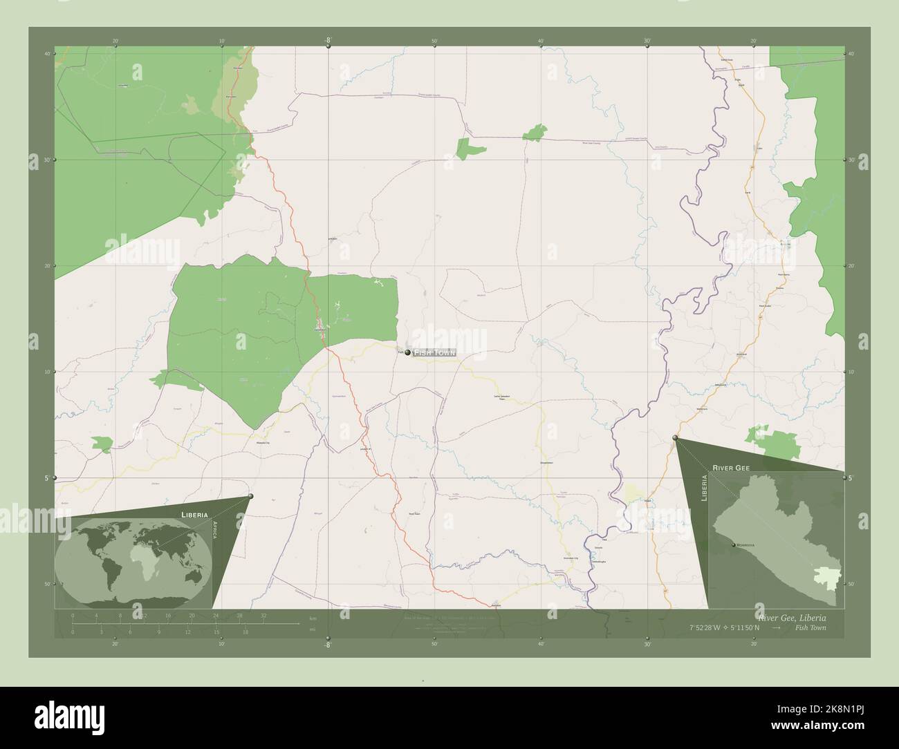 River Gee, county of Liberia. Open Street Map. Locations and names of ...