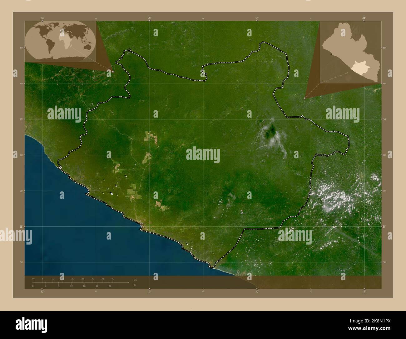 Sinoe, county of Liberia. Low resolution satellite map. Locations of ...