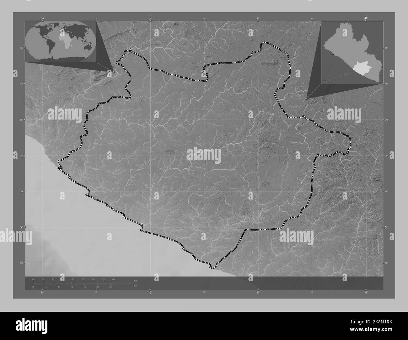 Sinoe, county of Liberia. Grayscale elevation map with lakes and rivers ...