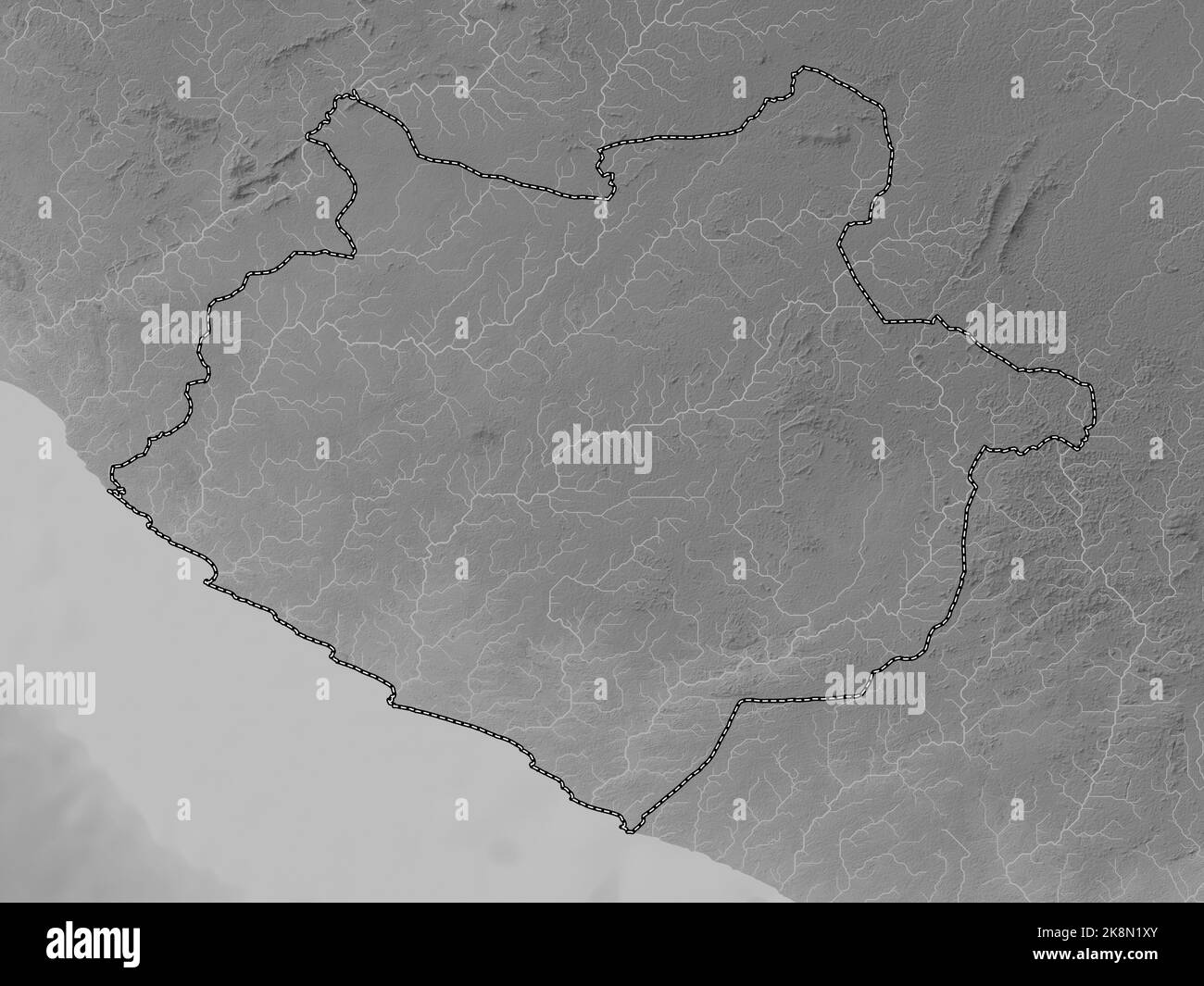 Sinoe, county of Liberia. Grayscale elevation map with lakes and rivers ...