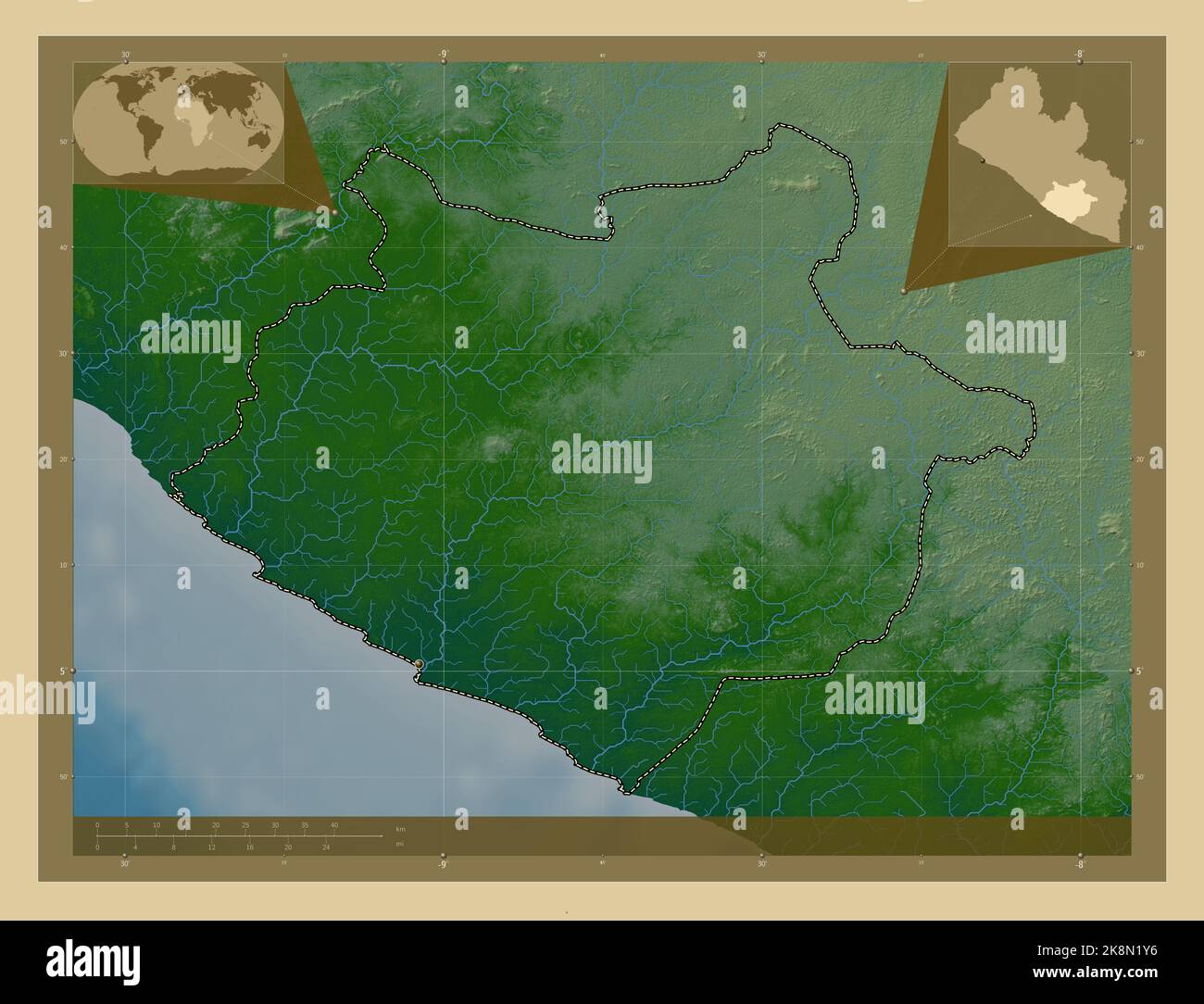 Sinoe, county of Liberia. Colored elevation map with lakes and rivers ...