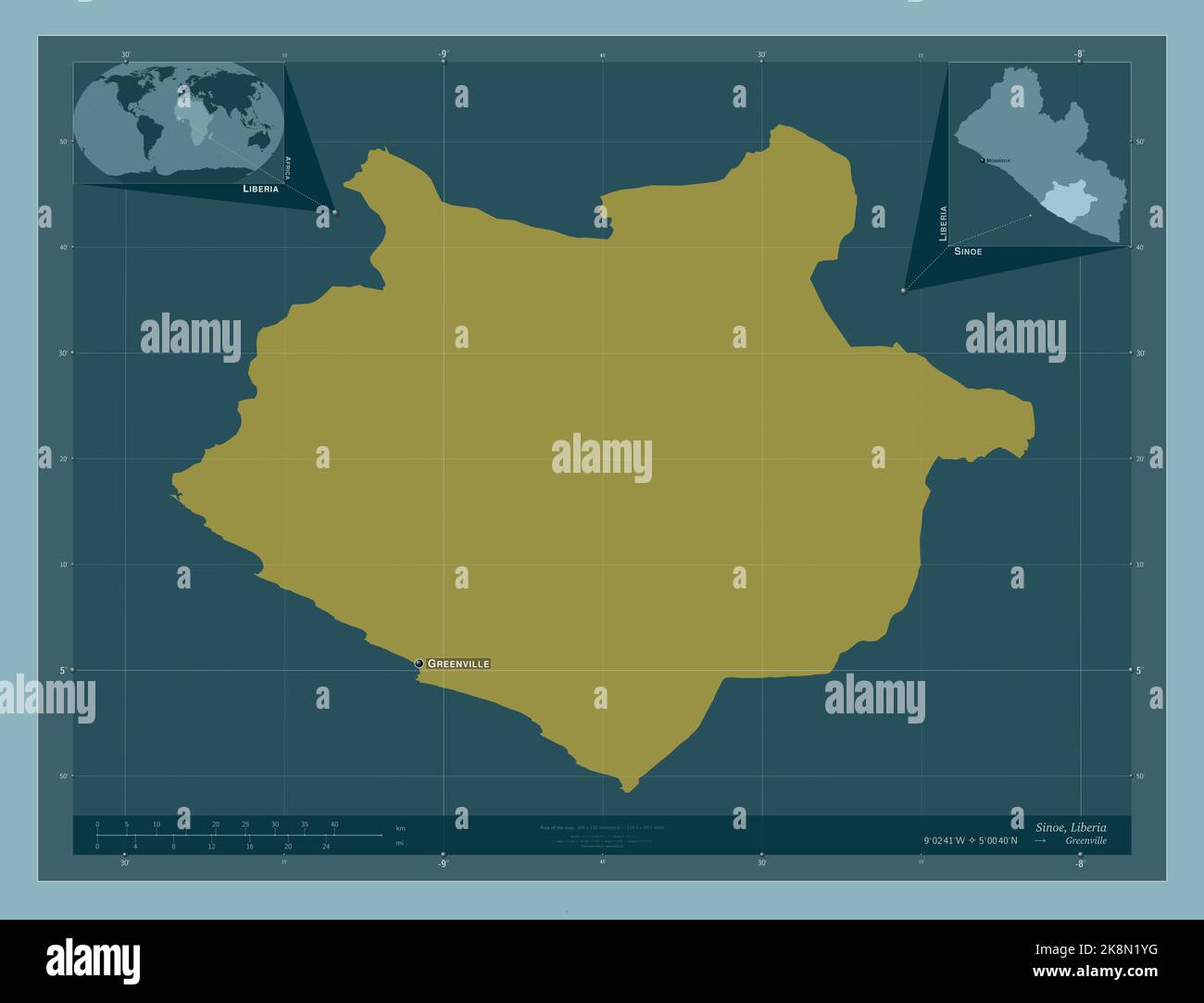 Sinoe, county of Liberia. Solid color shape. Locations and names of ...