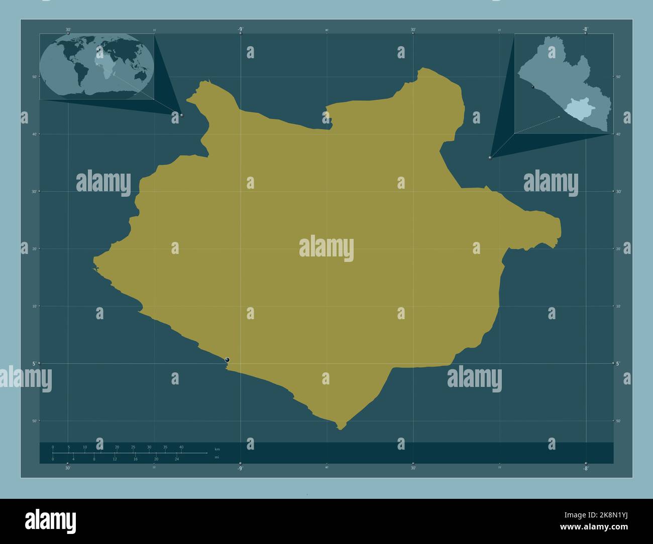 Sinoe, county of Liberia. Solid color shape. Corner auxiliary location ...