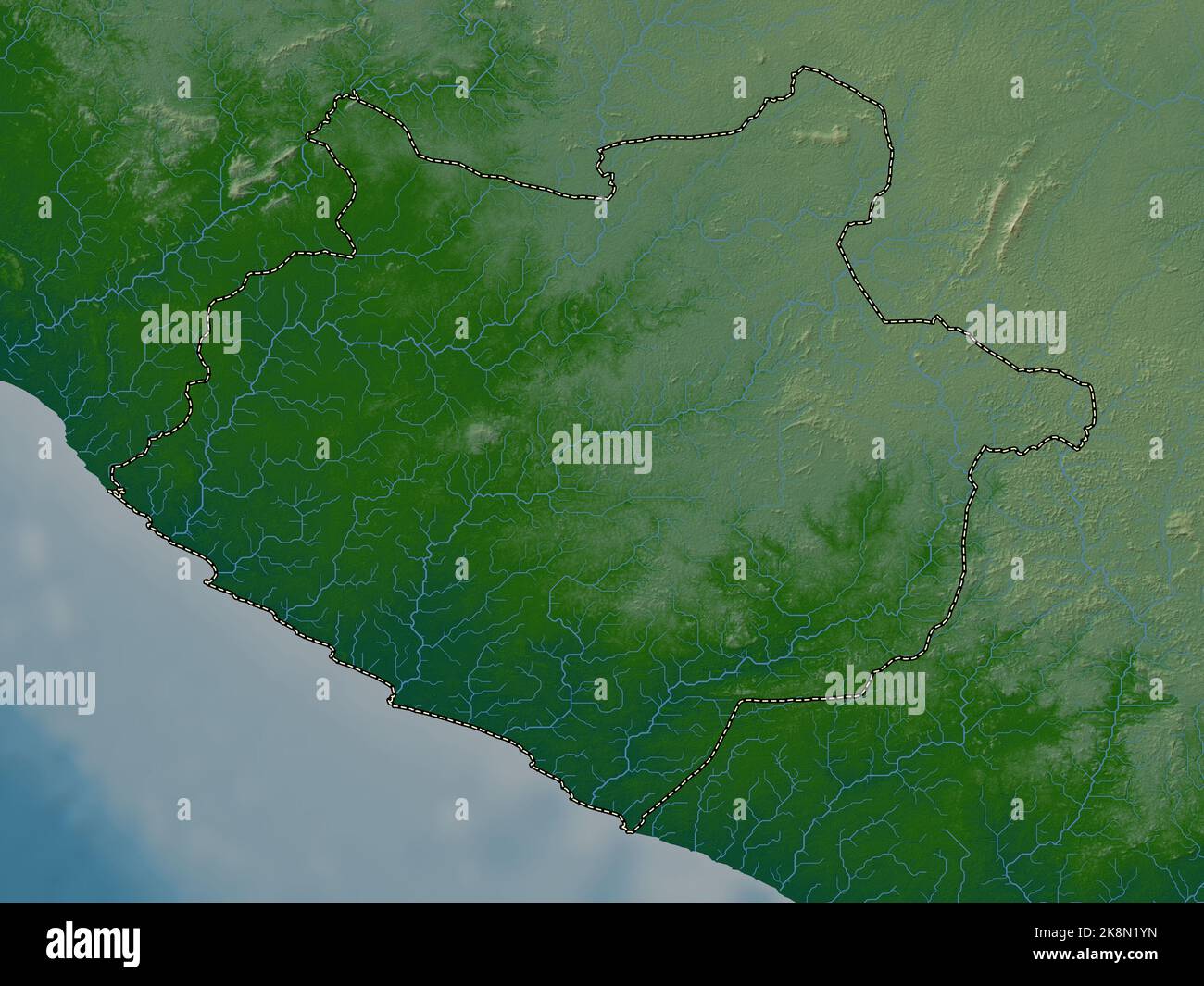 Sinoe, county of Liberia. Colored elevation map with lakes and rivers ...