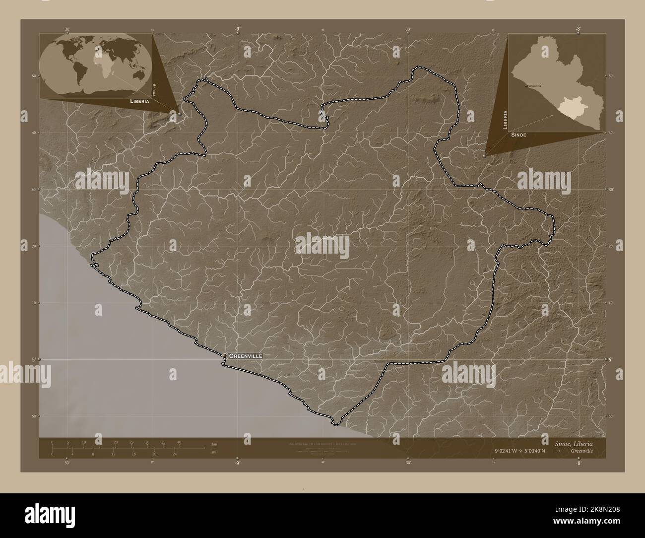Sinoe, county of Liberia. Elevation map colored in sepia tones with ...