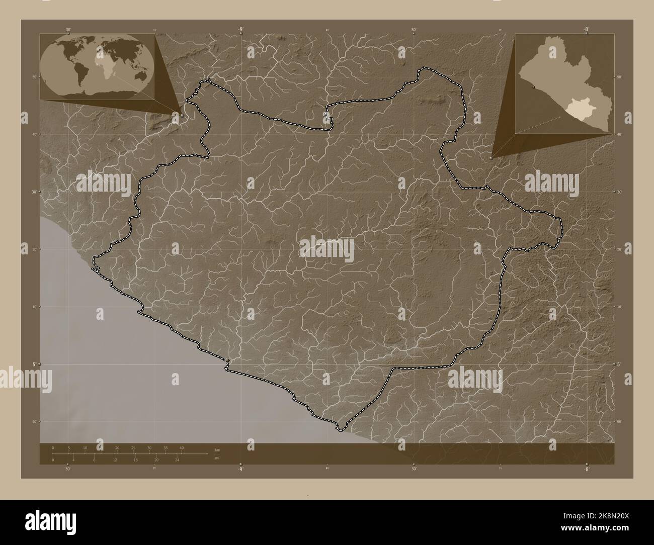 Sinoe, county of Liberia. Elevation map colored in sepia tones with ...