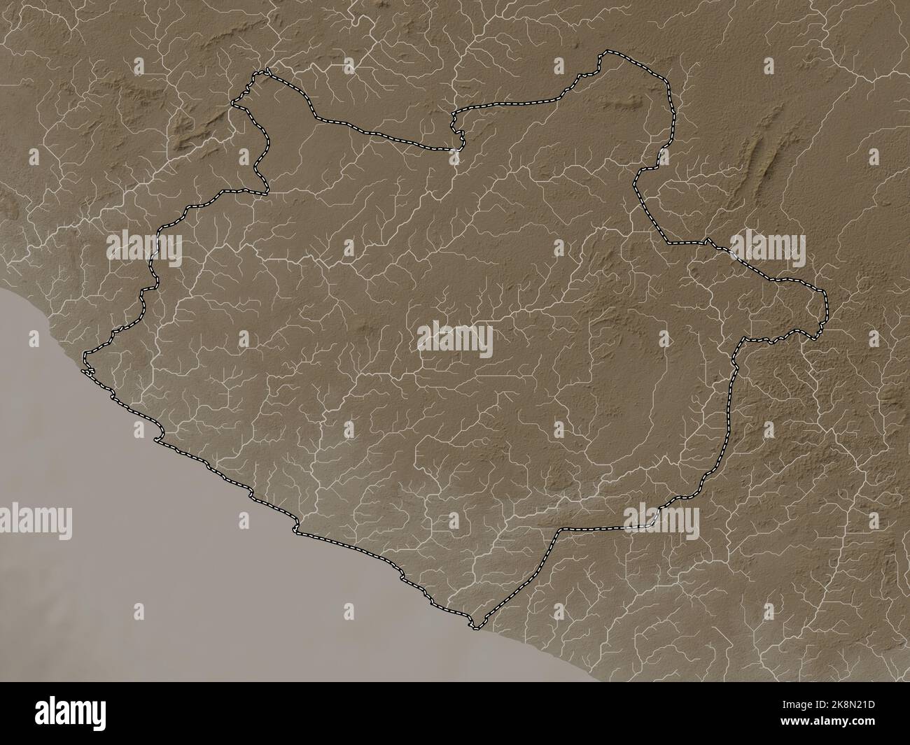 Sinoe, county of Liberia. Elevation map colored in sepia tones with ...