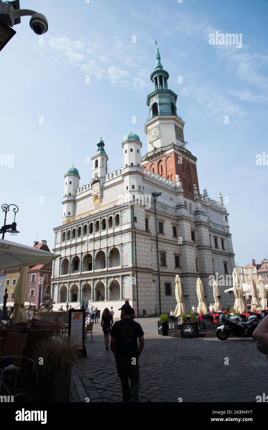 The vertical view of Poznan town hall building under the blue sky Stock ...