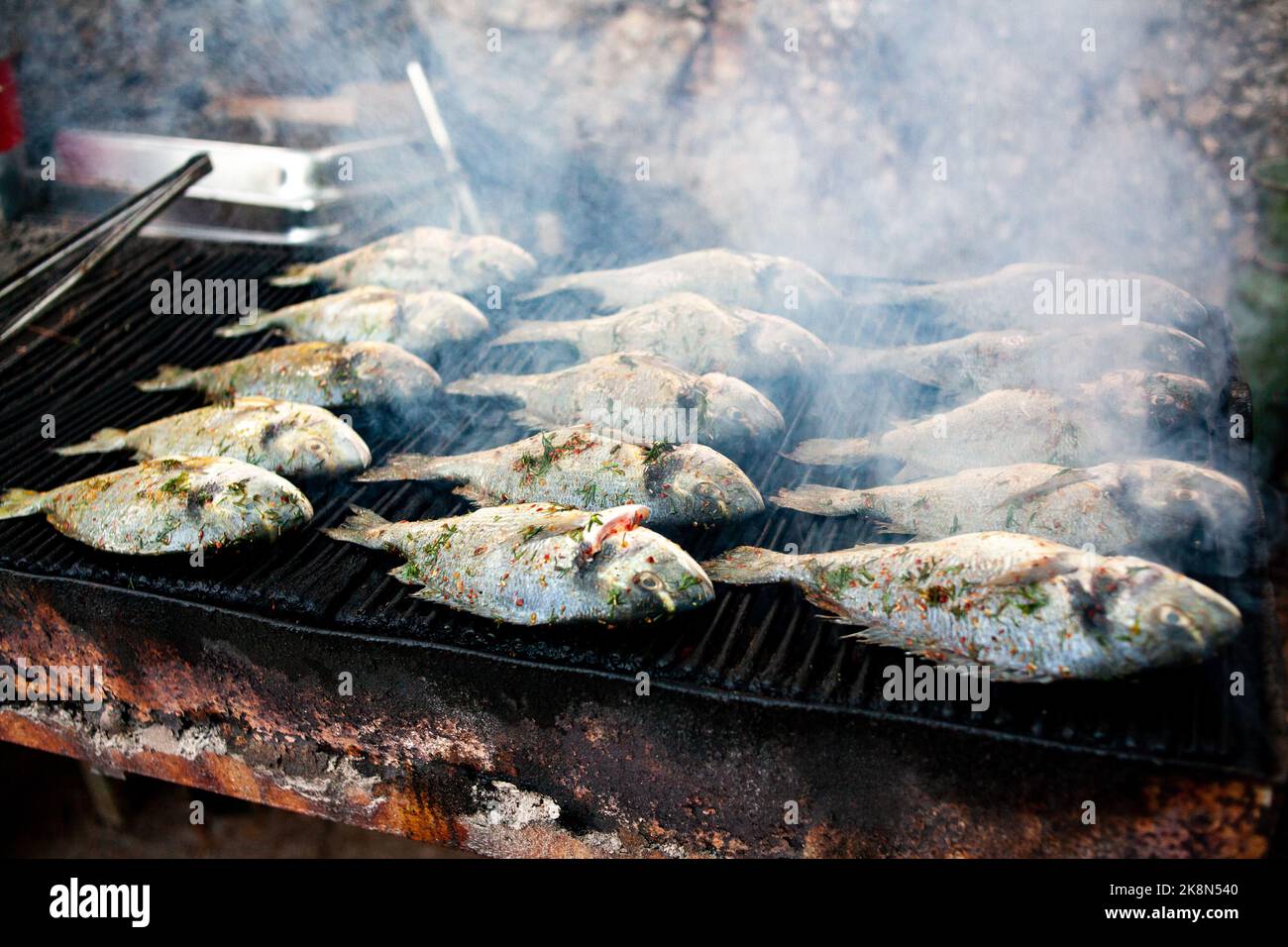 Grilled fish. Grilling dorada fish on grill. Frying fish on grill in ...