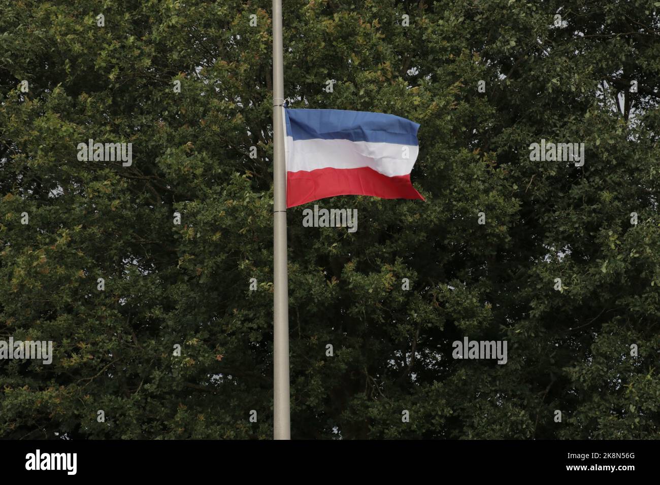 An upside-down Dutch flag hanging on a lamp post captured against tree ...