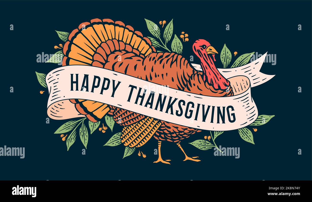 Turkey, Happy Thanksgiving. Retro greeting card with turkey, ribbon and ...