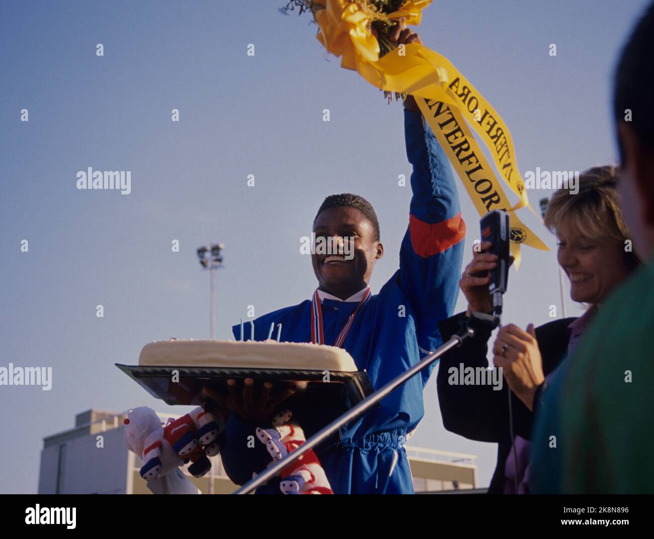 Oslo 19890701 Bislett Games, here Carl Lewis and "Speaker" Hanne Krogh ...