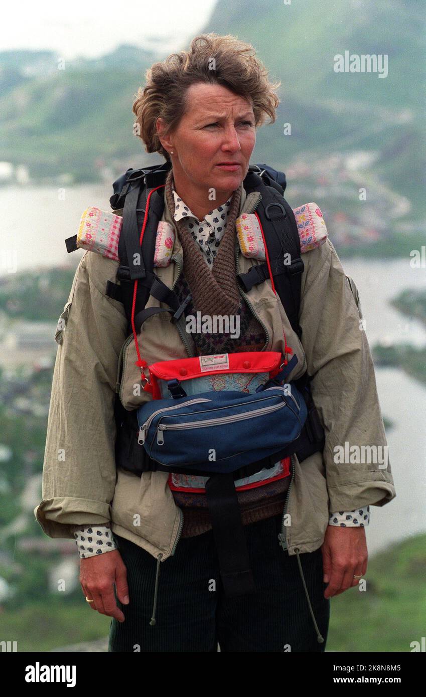Lofoten August 1989. Crown Princess Sonja on a mountain hike in Lofoten ...