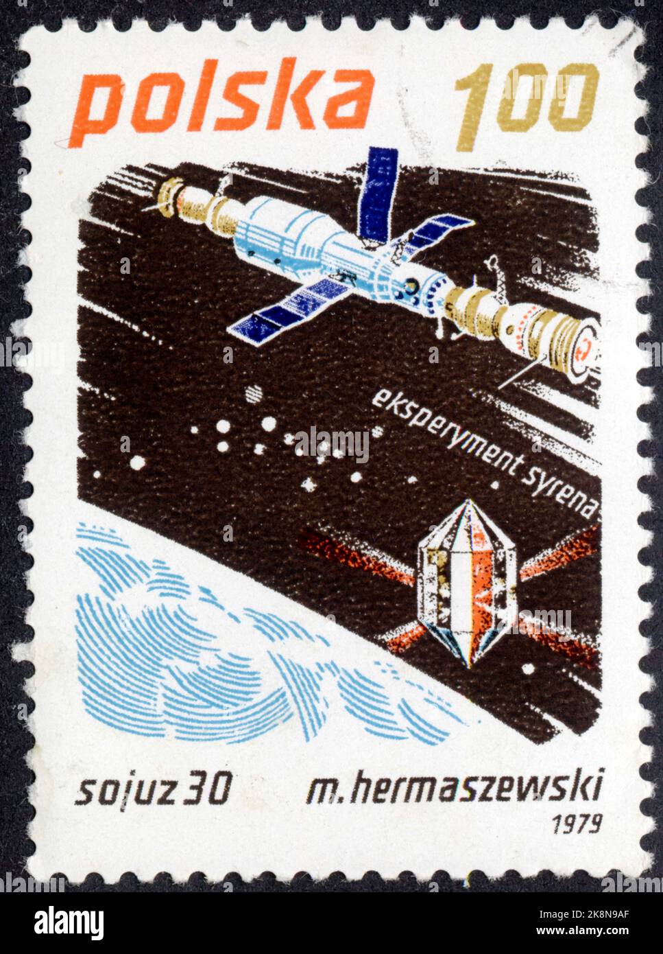 Timbre oblitéré Polska, M. Hermaszewski, Sojuz 30, Eksperyment Syrena ...