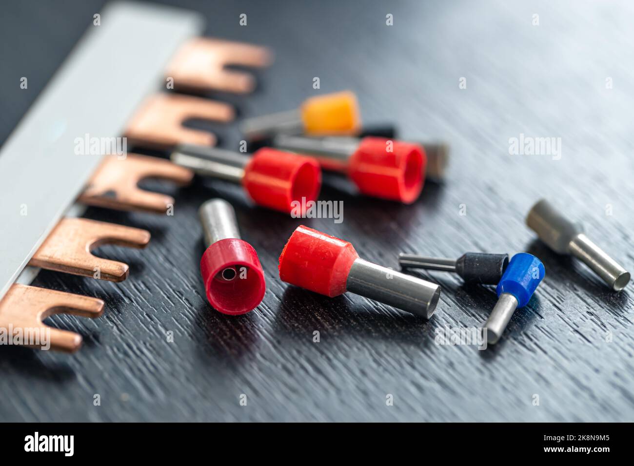 Coloured sleeves, crimp terminals for different wire sizes Stock Photo ...