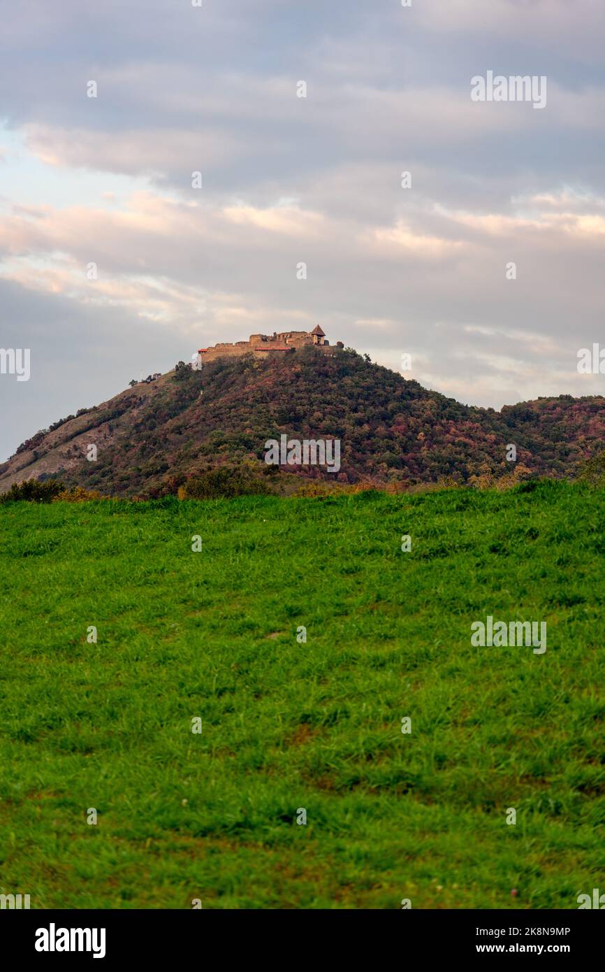 Visegard castle on the hill in Hungary at the Danube bend with Pilis ...