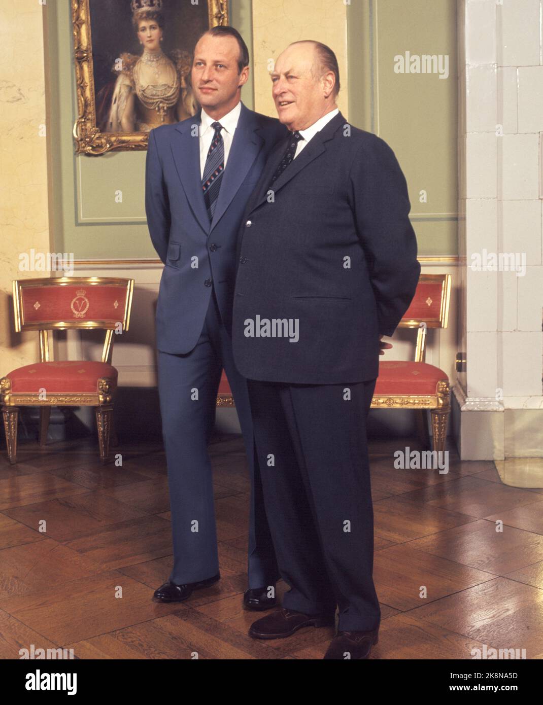 Oslo February 1977: Crown Prince Harald (TV) and King Olav photographed ...