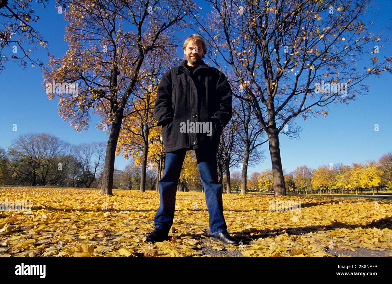 Oslo 1994. Author Jostein Gaarder photographed out in autumn leaves. Photo: Tor Richardsen ...