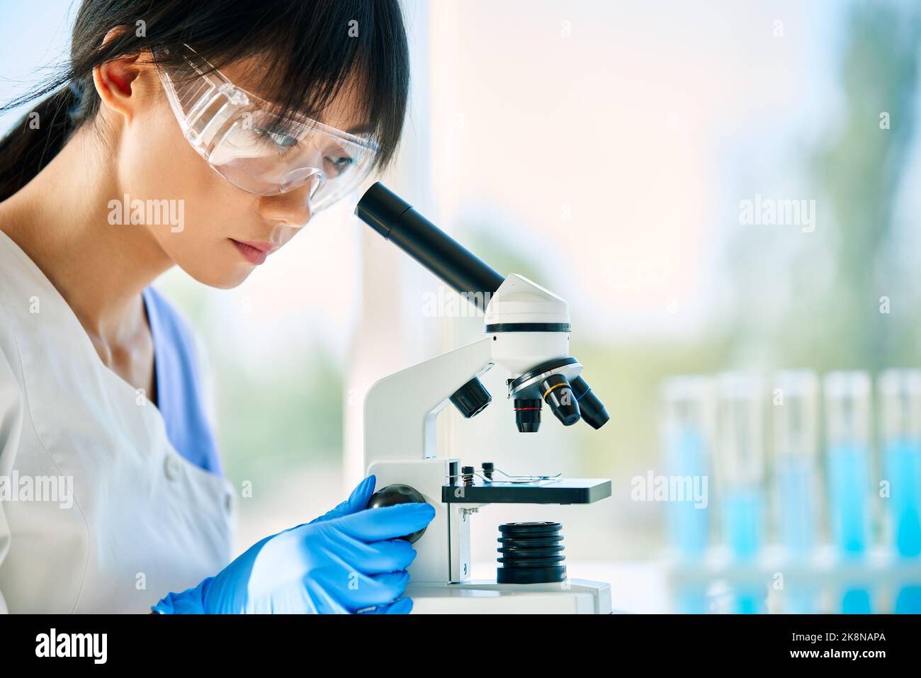 Portrait of asian scientist looking through a microscope working on ...