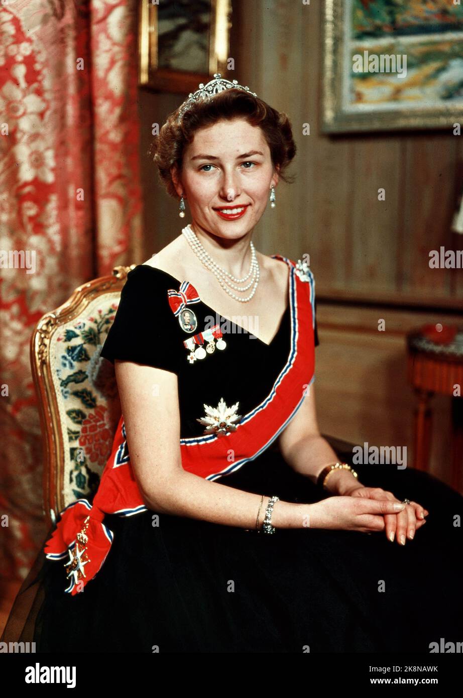 Oslo 19580114. Princess Astrid photographed with order tape and diadem ...