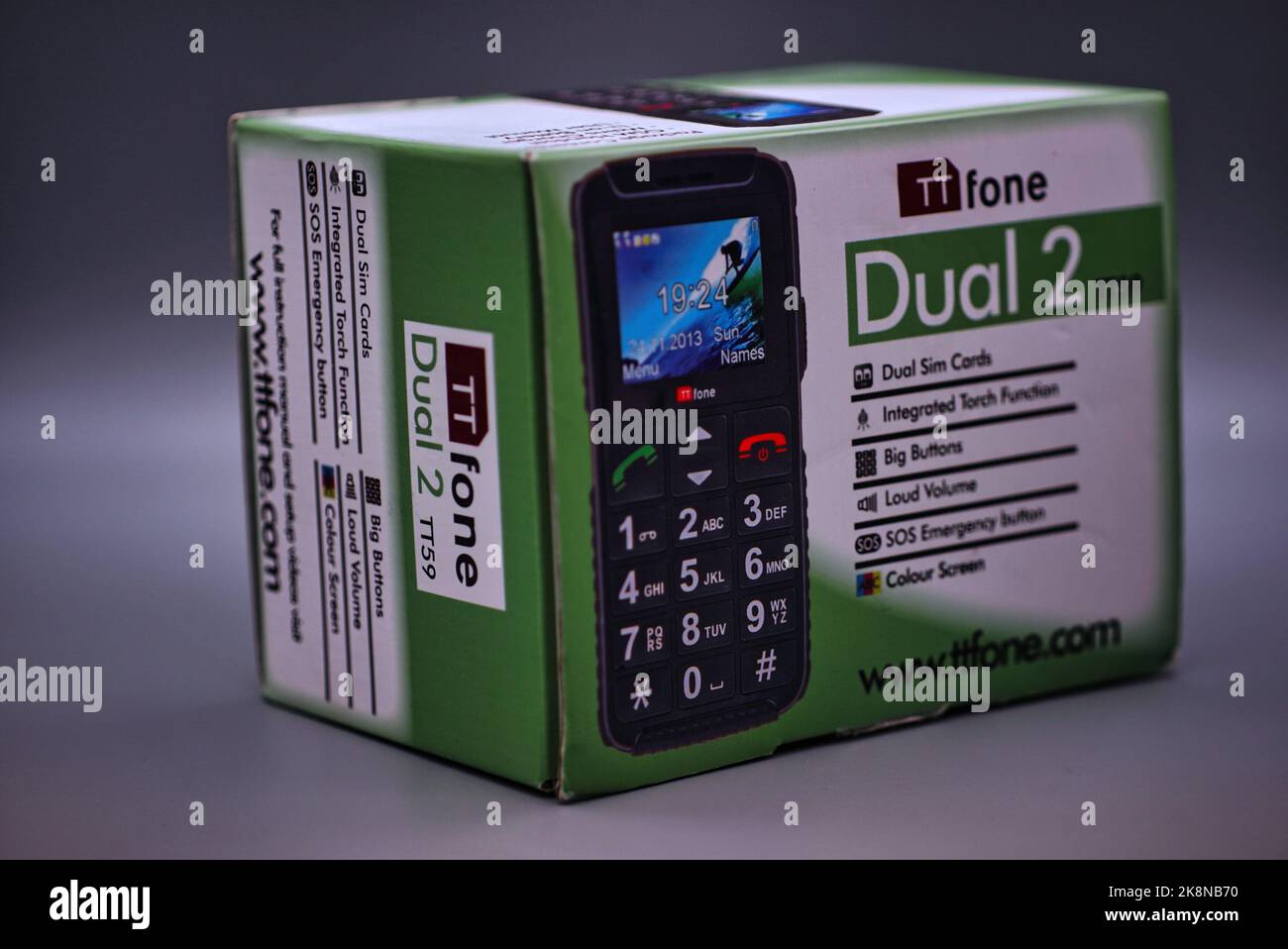 A closeup of a Dual 2 phone for elderly people in original box Stock ...