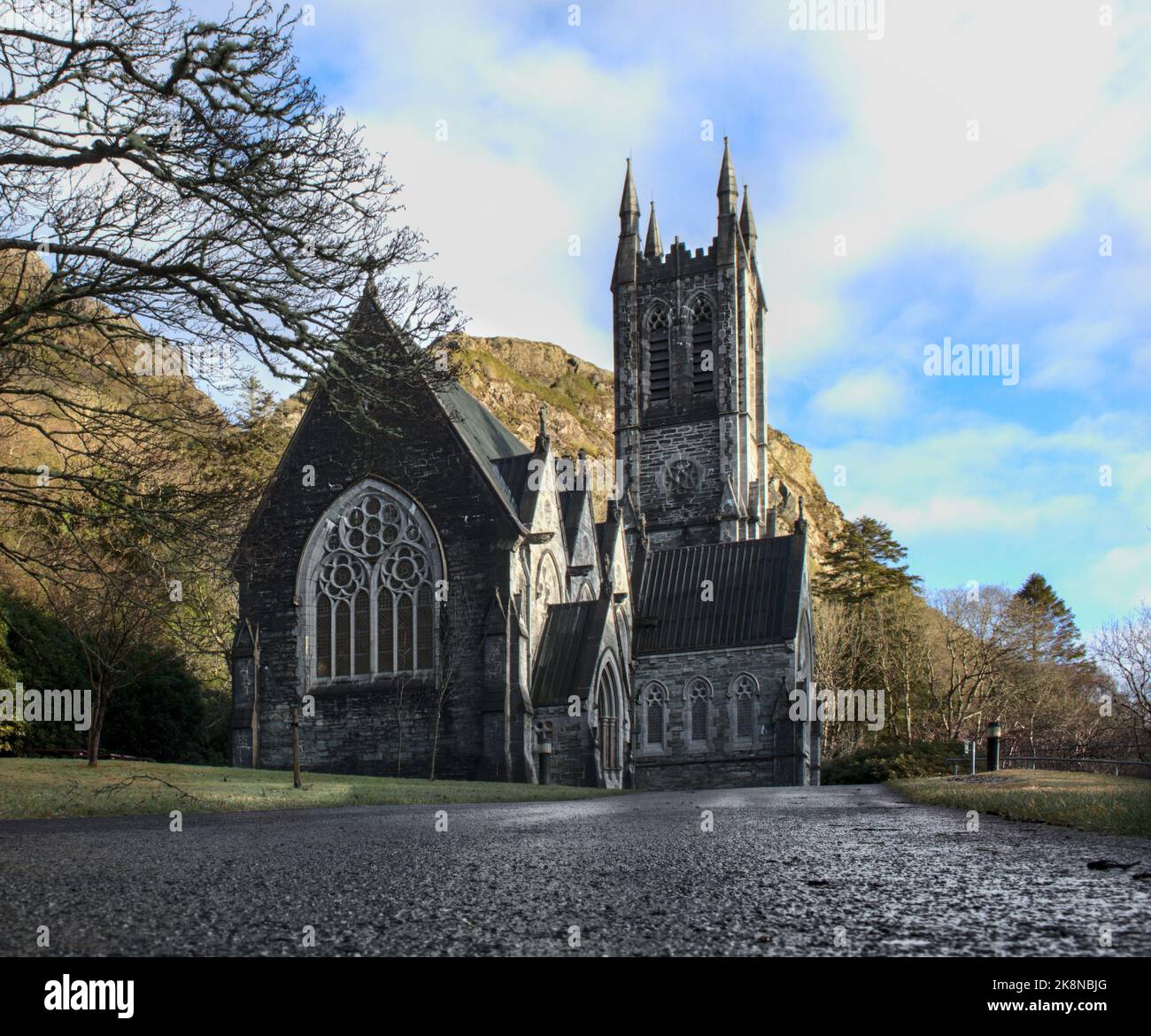 An exterior view of a Gothic church at Kylemore Abbey in Connemara ...