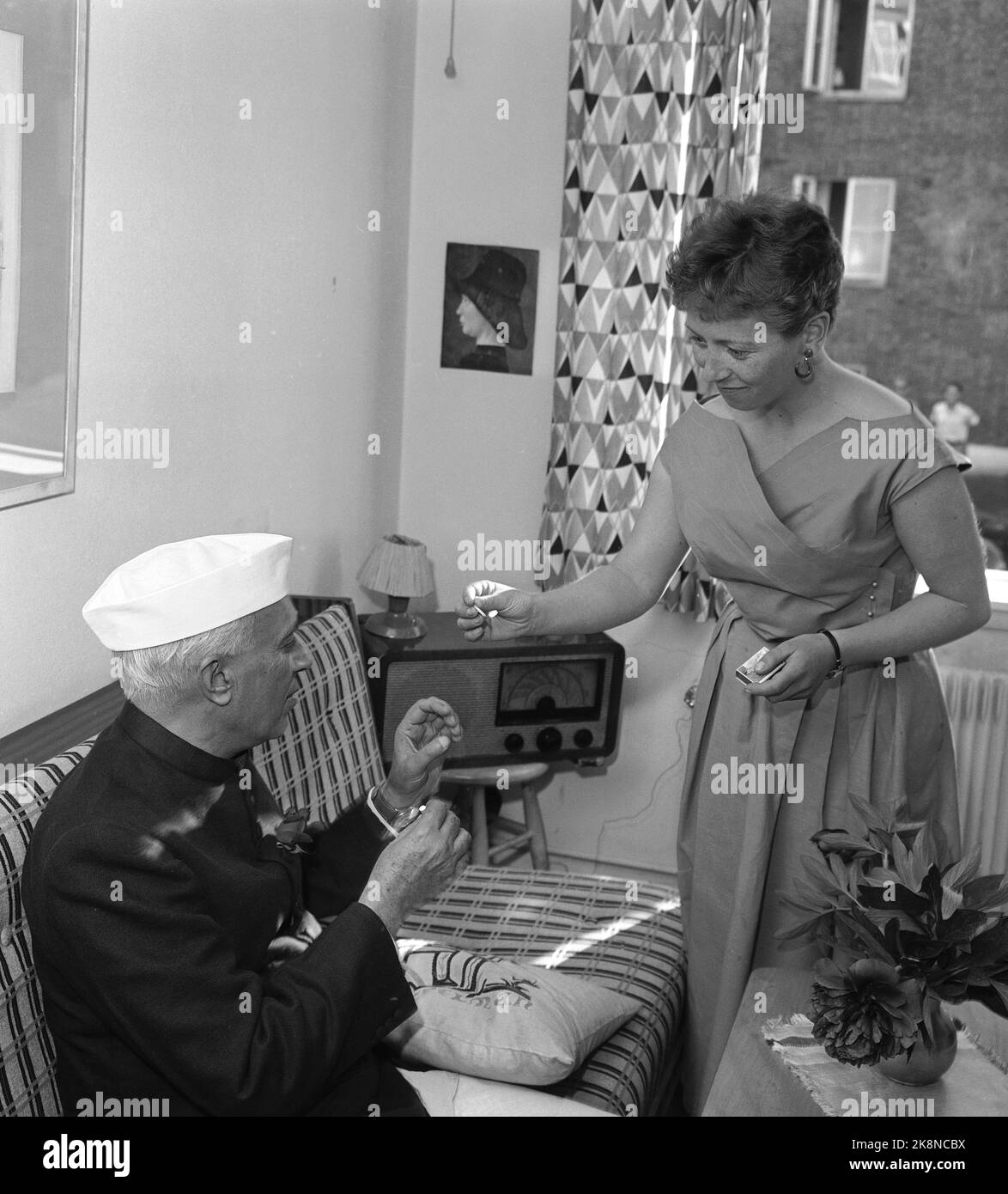 Oslo June 29, 1957. Prime Minister Jawaharlal Nehru from India charms ...