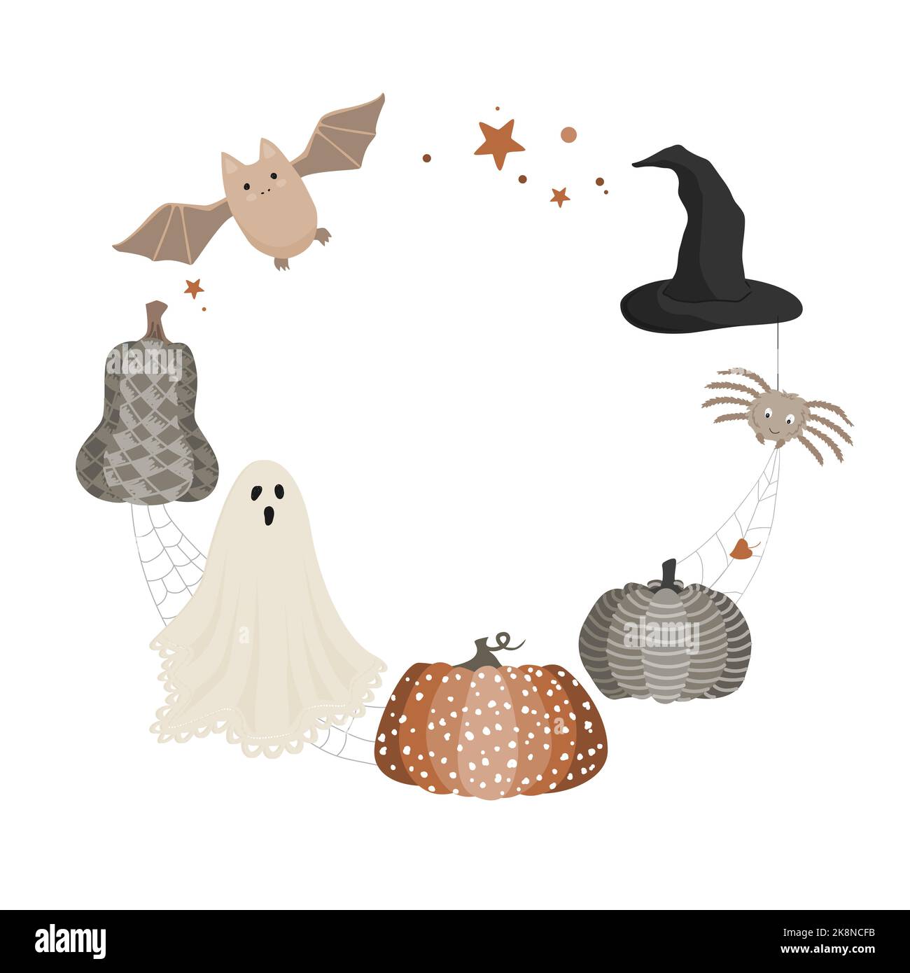 Happy Halloween frame. Round wreath with Pumpkins, ghost, witch hat ...