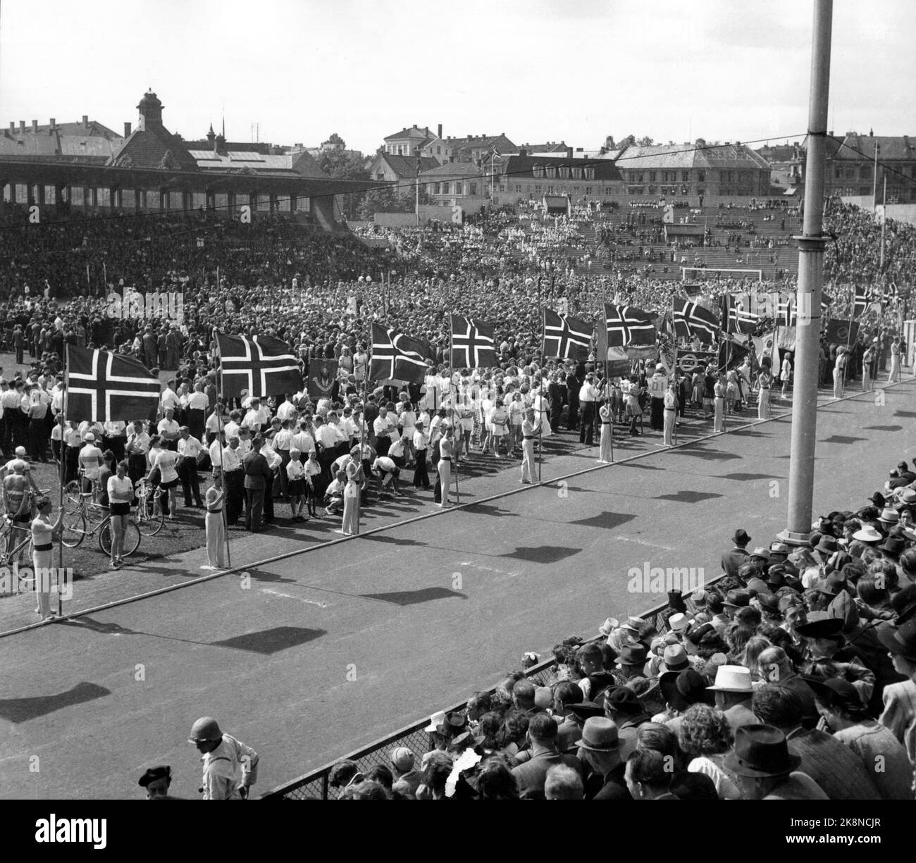 Oslo 19450603 The big sports parade at Bislett Stadium. Many Norwegian ...