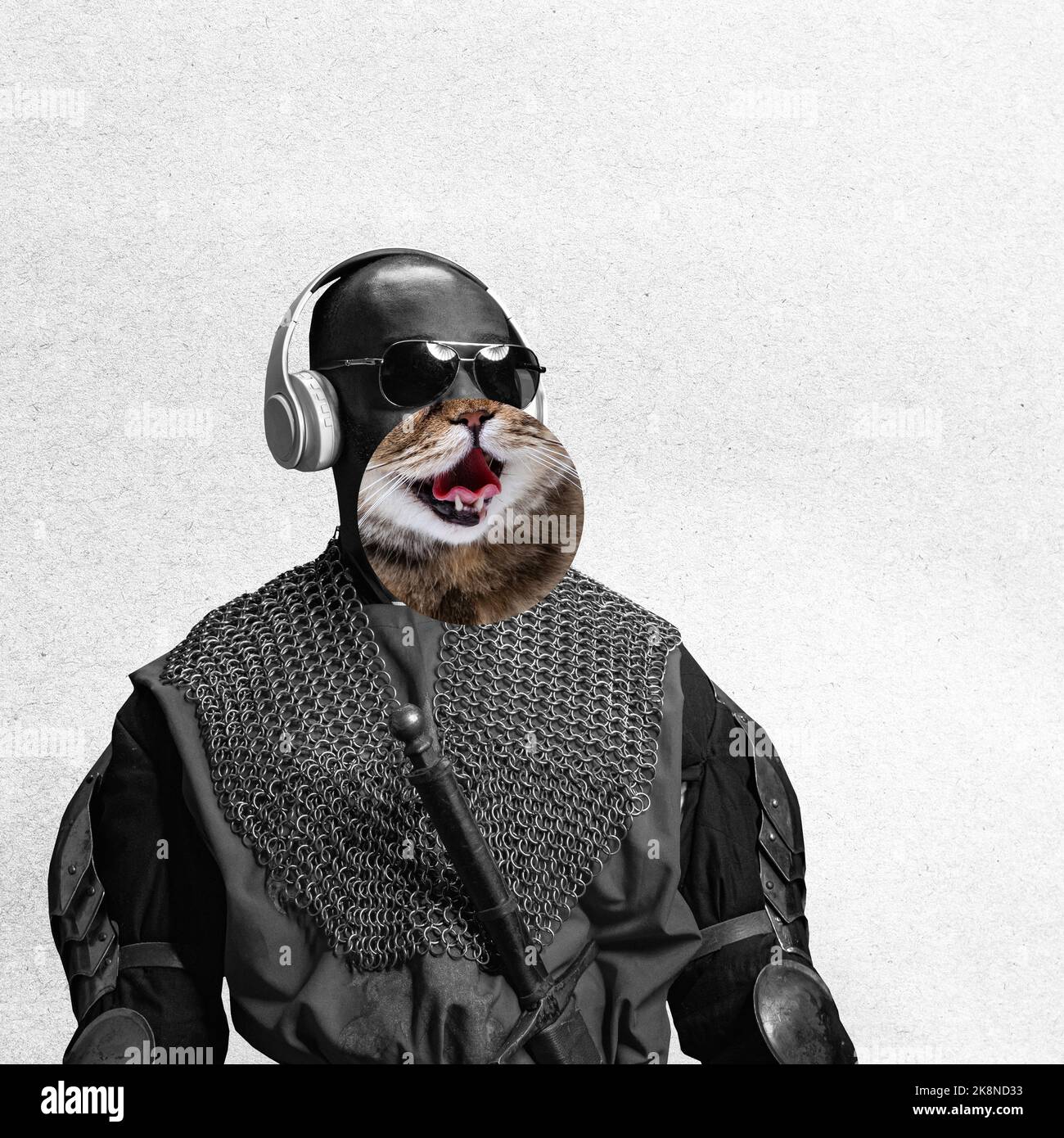 Surreal artwork with medieval knight, warrior with part of cat's face ...