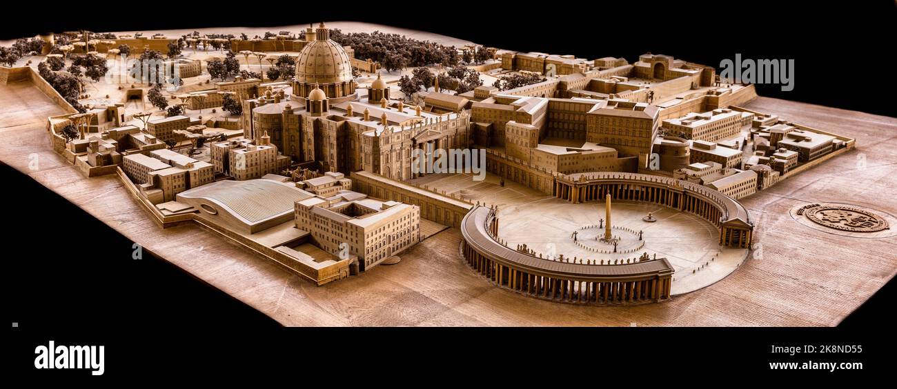 A panoramic view of the wooden Vatican city model on a black background ...