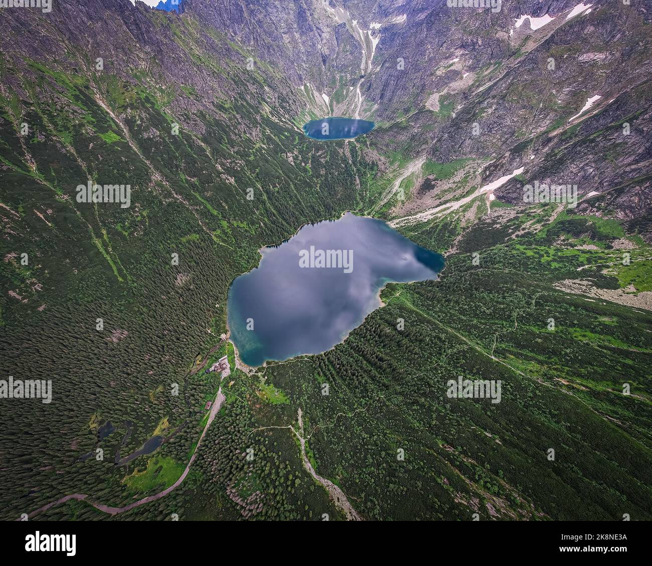An aerial shot of the beautiful Eye of the Sea lake in the Tatra ...