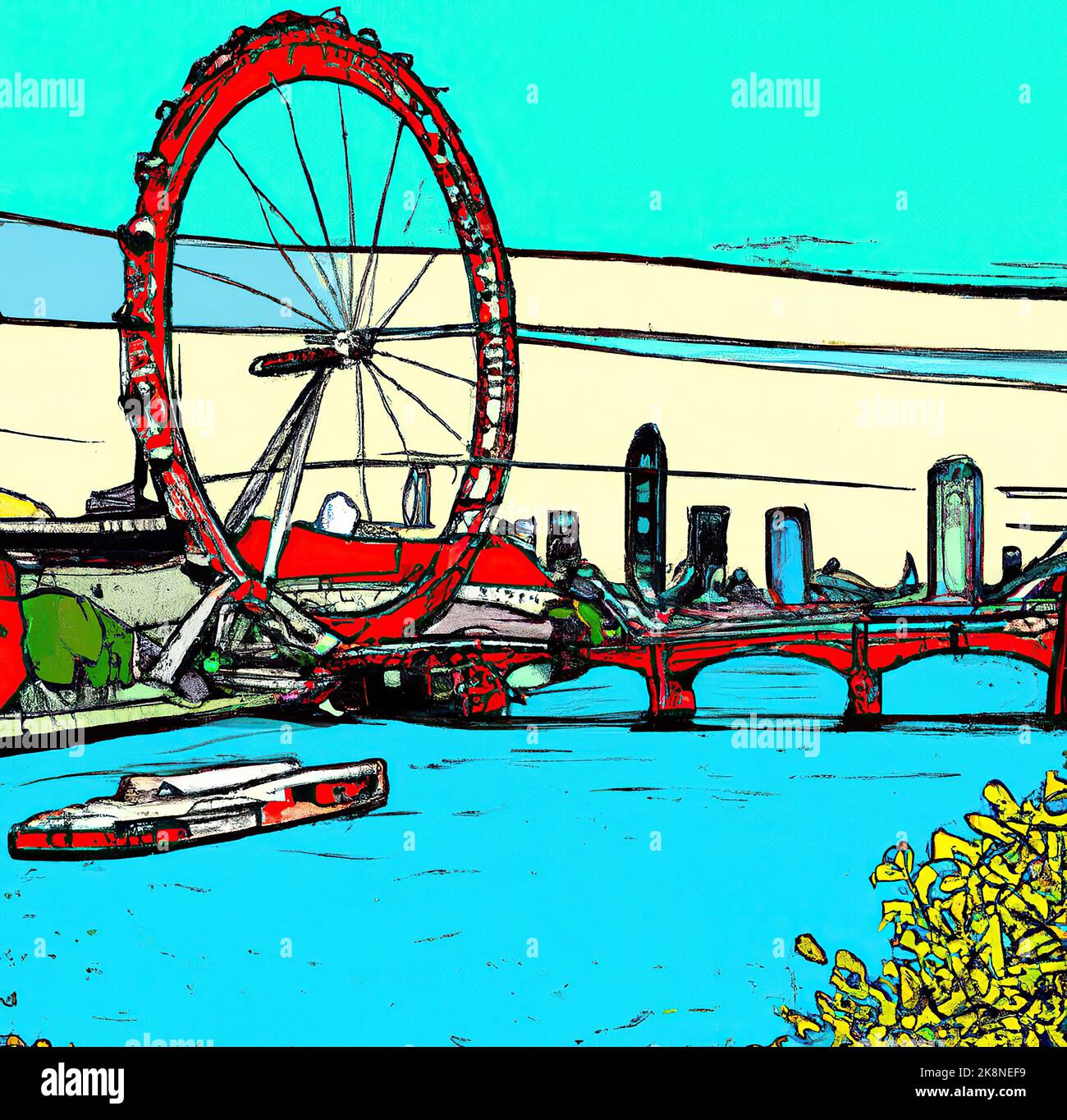 A city view of London with London Eye and river Thames in modern color ...