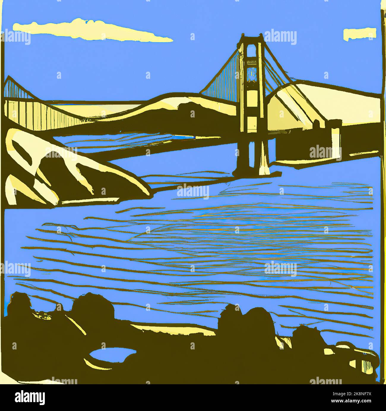 A city view of San Franscisco bay with Golden Gate Bridge in modern ...
