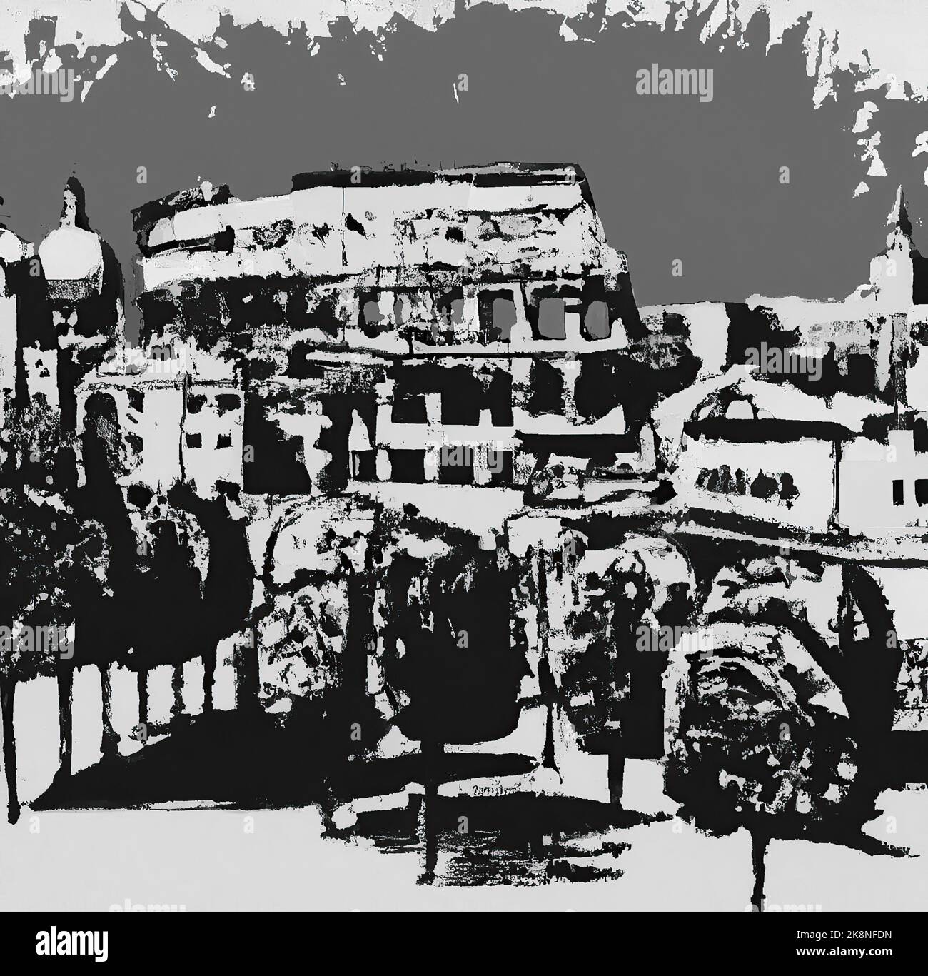 A city view of Roma with Coliseum in modern color woodcut style ...