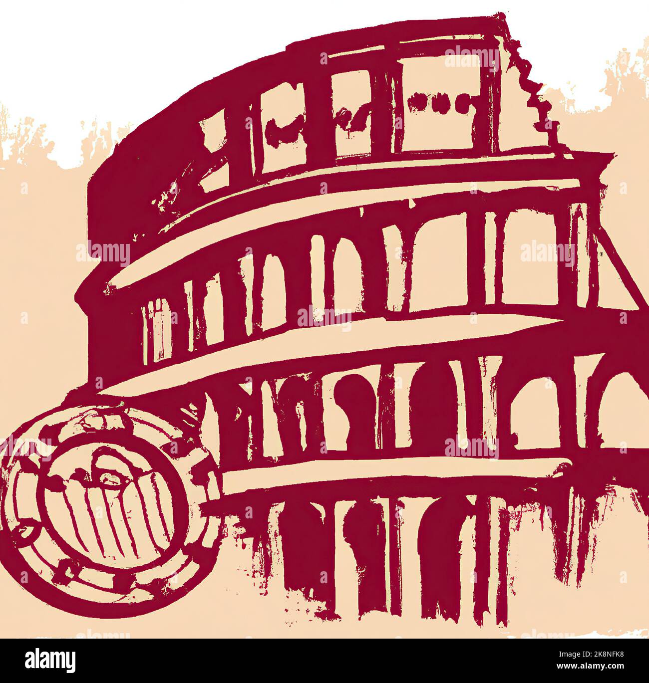 A city view of Roma with Coliseum in modern color woodcut style ...
