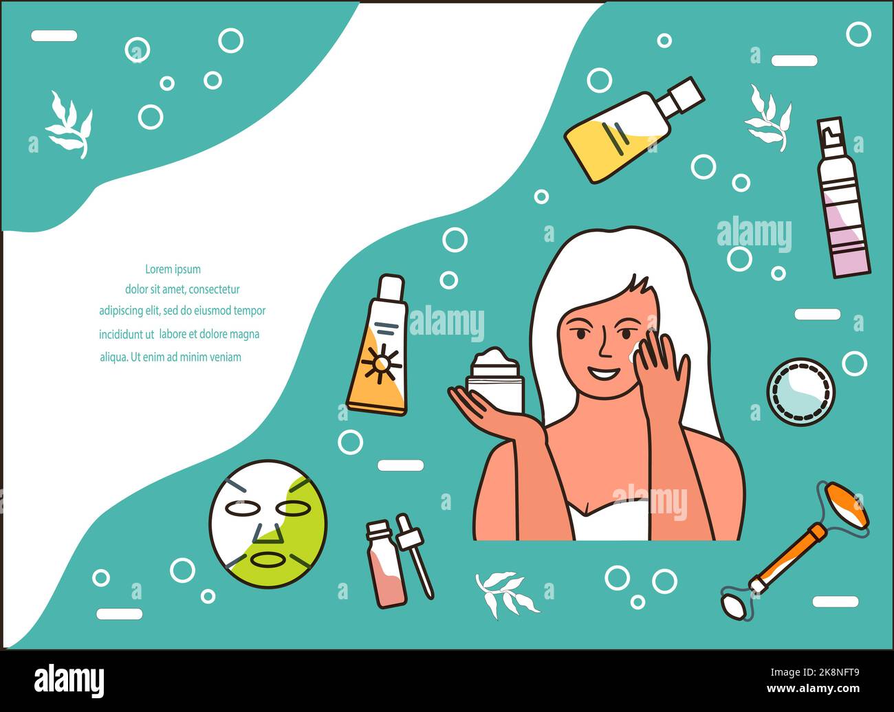 Vector illustration Cosmetic products ad, skin care ad. Woman applying ...