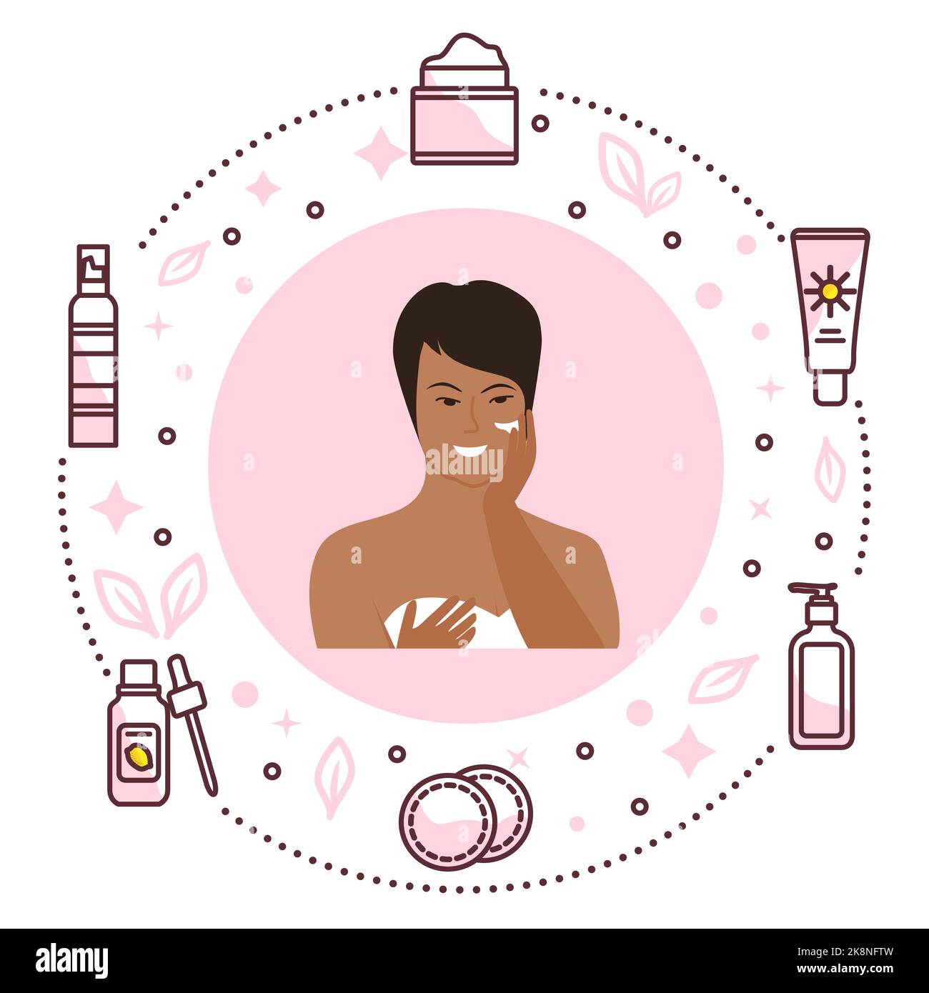 Vector illustration Cosmetic products ad, skin care ad. Woman applying ...