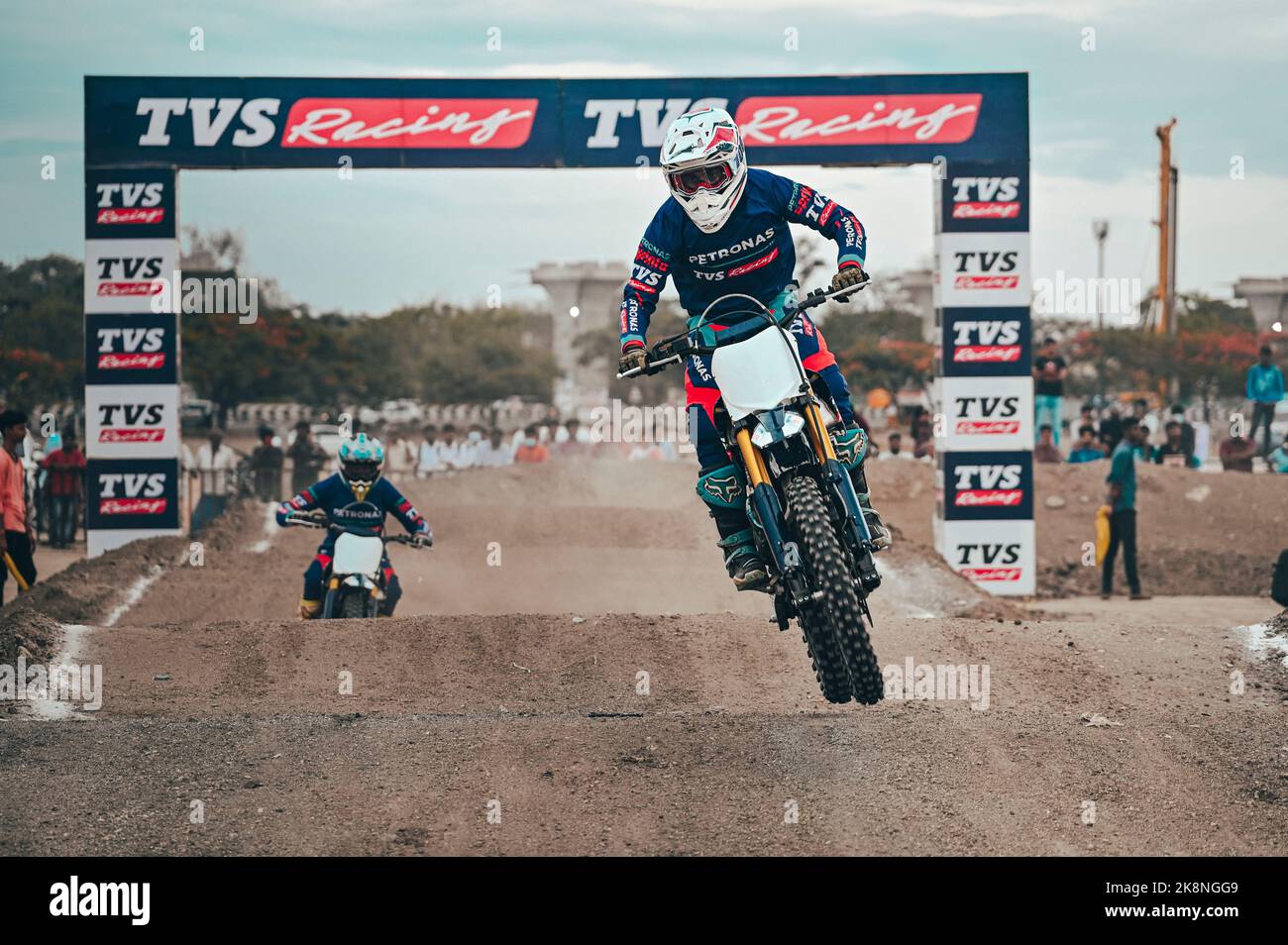 A Supercross rider jumping in the air during the MRF racing motocross ...