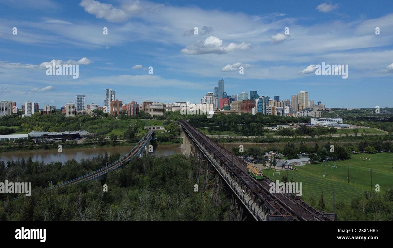 The High-Level bridge over the river in the Edmonton Downtown with ...