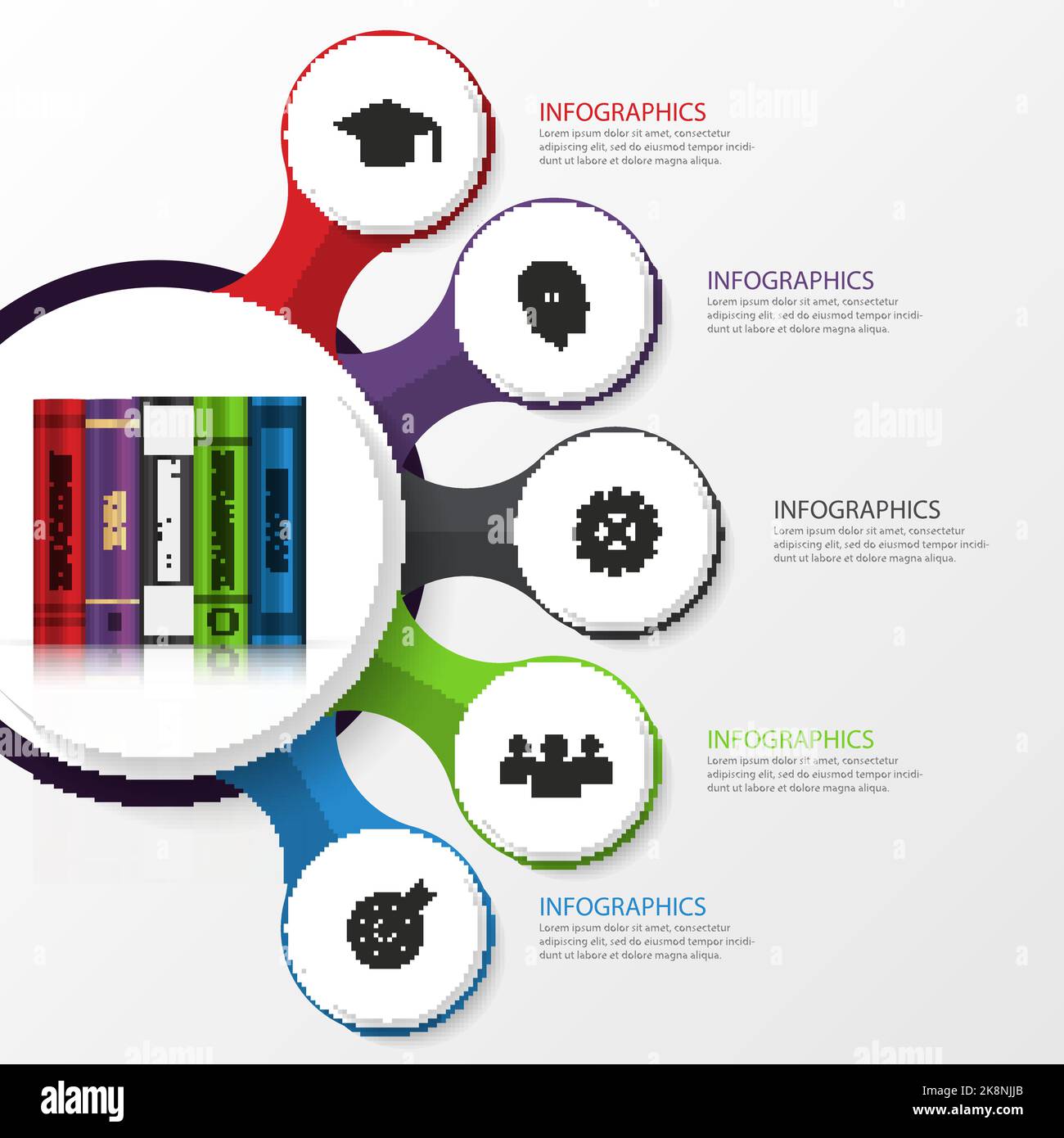 Infographic. Modern design template with books. Colorful circle with ...