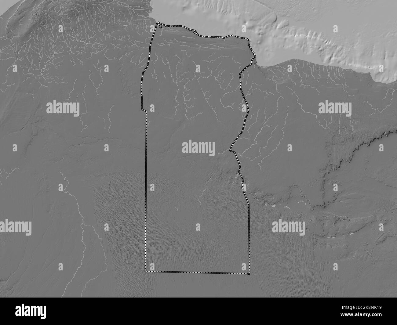 Al Butnan, district of Libya. Bilevel elevation map with lakes and ...