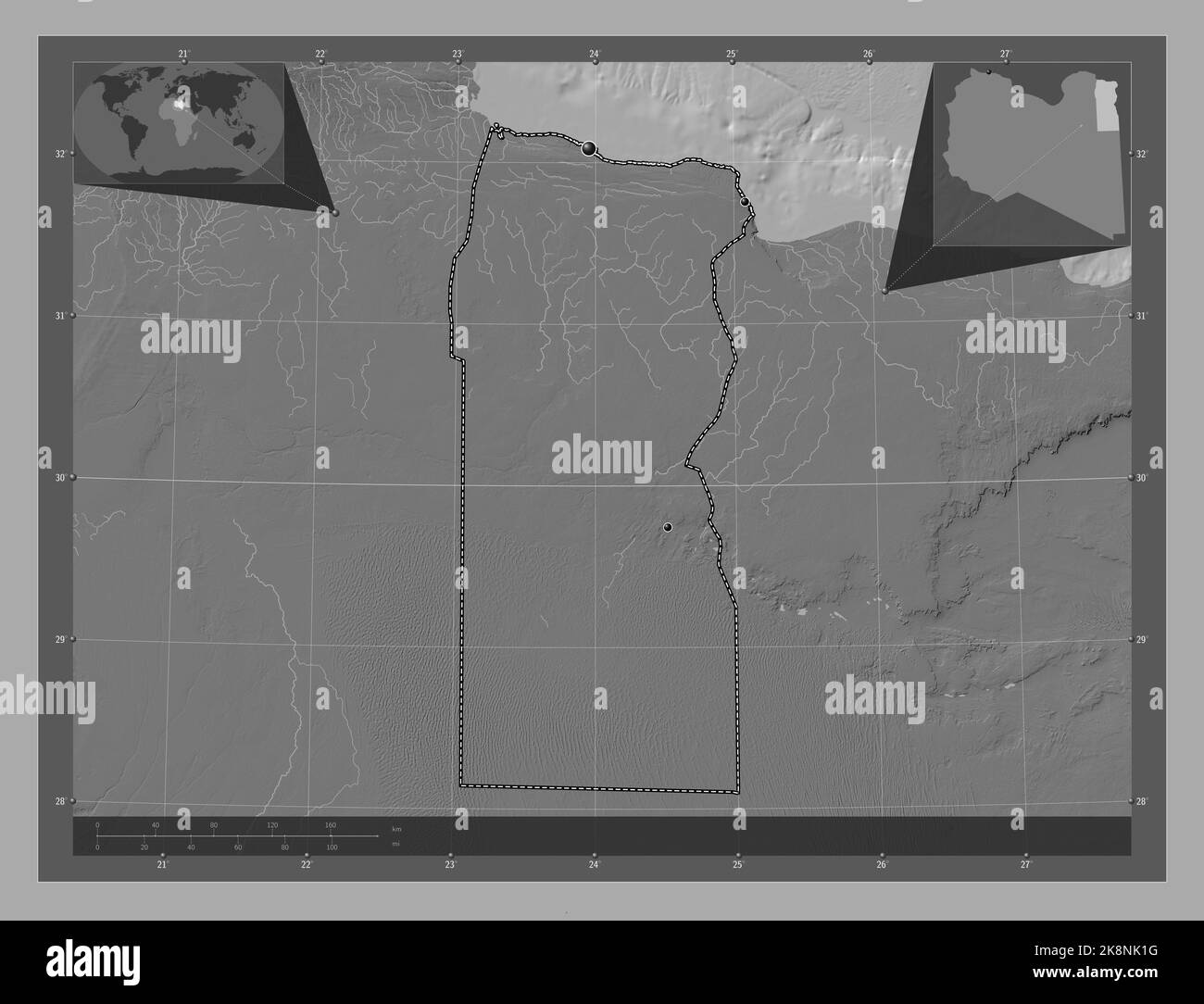 Al Butnan, district of Libya. Bilevel elevation map with lakes and ...