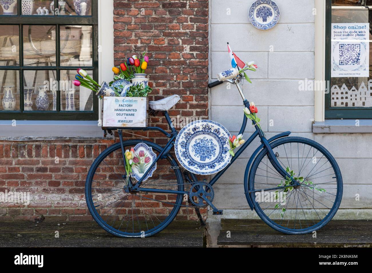 Blue bicycle with the world famous Delft Blue porcelain in the center ...