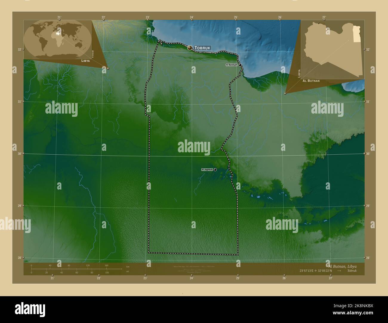 Al Butnan, district of Libya. Colored elevation map with lakes and ...